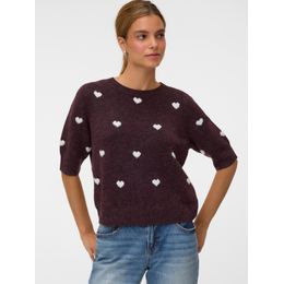 V&eacute;ro Moda VERO MODA Damen Kurzarmpullover "VMDOFFY INTARSIA 2/4 O-NK PULLOV GA NOOS"windsor wine detail:with wei&szlig; hearts, Gr. L, Strick, Obermaterial: 94%