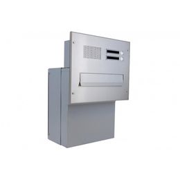 Edelstahl Mauerdurchwurf Briefkasten mit Busch-Jaeger Sprechanlage in wei&szlig; - T: 18-27 cm - F-046