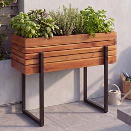 Hochbeet MCW-P85, Pflanzbeet Blumen-/Pflanzkasten Pflanzk&uuml;bel, Outdoor Metall Akazie Holz MVG 68x80x30cm ~ braun