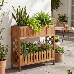 Hochbeet MCW-P83, Blumen-/Pflanzkasten Blumenregal Ablage, Outdoor Akazie Holz MVG-zertifiziert 90x95x31cm ~ braun