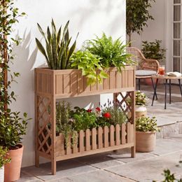 Hochbeet MCW-P83, Blumen-/Pflanzkasten Blumenregal Ablage, Outdoor Akazie Holz MVG-zertifiziert 90x95x31cm ~ hellbraun