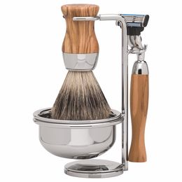 ERBE&reg; Rasiergarnitur Gillette Mach3 4-Tlg Dachshaar, Olivenholz