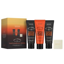 Scottish Fine Soaps Men's Grooming Thistle & Black Pepper Signature Gift Set (3x75ml Tubes, 1x40g Soap, Drum)