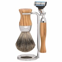 ERBE&reg; Rasiergarnitur Gillette Mach3 3-Tlg Dachshaar, Olivenholz