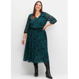 sheego Gro&szlig;e Gr&ouml;&szlig;en Chiffonkleid in Midi-L&auml;nge, bedruckt, tiefgr&uuml;n-gemustert, Gr&ouml;&szlig;e 50 - Damen