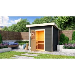 Karibu Saunahaus 'Norge' terragrau mit klassischer T&uuml;r 9 kW Ofen externe Steuerung Easy 231 x 196 x 238 cm