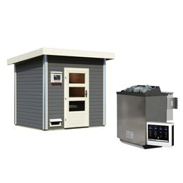 Karibu Saunahaus 'Norge' terragrau 9 kW Bio-Ofen, Steuerung Easy 231 x 196 x 238 cm