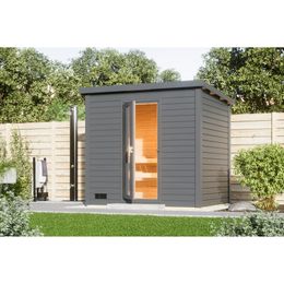 Karibu Saunahaus 'Bosco 3' terragrau 9 kW Ofen integrierte Steuerung 231 x 196 x 228 cm