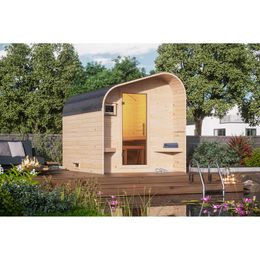 Karibu Fasshaus-Sauna 'Santo 2' asymmetrisch SET naturbelassen 9 kW Ofen externe Steuerung 219 x 295 x 244,5 cm