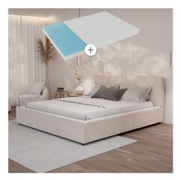 Juskys Polsterbett Salerno mit Matratze &ndash; 180 x 200 cm Cord Creme, modernes Design & pflegeleicht