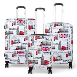 Erweiterbarer Hartschalenkoffer mit 8 R&auml;dern und London-Print in Wei&szlig;