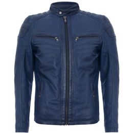Vintage-gesteppte Racing-Bikerjacke aus marineblauem Leder mit Rei&szlig;verschluss