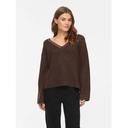 Vila Damen V-Ausschnitt-Pullover "VILIGA L/S V-NECK REV LACE KNIT TOP-NOOS"coffee bean detail:lace tone in tone, Gr. L, unifarben, Strick,