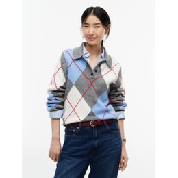 Tommy Hilfiger Damen Polokragenpullover "ARGYLE PREP NEW POLO LS"medium grau heather argyle, Gr. L, gemustert, meliert, Strick, Obermaterial: 45%