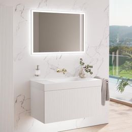 neoro n50 stripes Unterschrank B: 100 cm mit 1 Auszug, warmwei&szlig; profiliert, mit Spiegel, Waschtisch area, BN0159WM+BN0493BWM+BN0028MI,