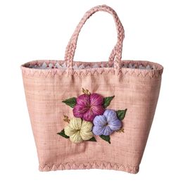Rice Gro&szlig;e Raffia Tasche mit Blumenstickerei L:35 cm, B:35 cm, H:25 cm, Rosa