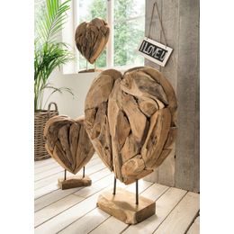 Faktorei Deko-Herzen auf St&auml;nder 3-er Set Teak-Holz 30, 40, 50 cm