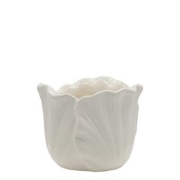 Chic Antique Fayence Blumentopf mit Bl&auml;tter H11/&Oslash; 14 cm creme
