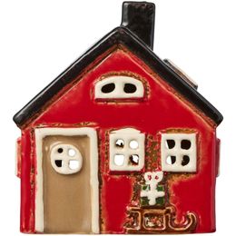 IB Laursen Teelichthaus Stillenat Keramikh&auml;uschen mit Schlitten Motiv 9,2 x 7,5 x 10,5 cm skandinavische Deko Online Shop