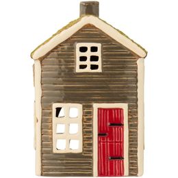 IB Laursen Keramik Lichthaus Visby mit roter T&uuml;r & Grasdach B: 10,5 H: 16,5 L: 10,5 - braun/rot
