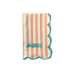 Rice Baumwoll-Serviette MERCI mit orangefarbenen Streifen und gr&uuml;nem Wellenrand 45 x 45 cm
