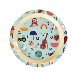 Rice Melamin Kinderteller - Bunter ABC Print H 2 cm &Oslash; 22 cm, blau