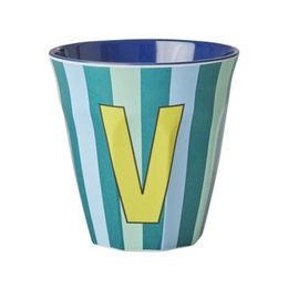 Rice Melamin Buchstabenbecher gestreift V, blau