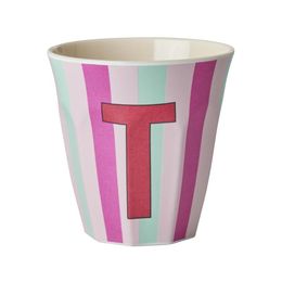 Rice Melamin Buchstabenbecher gestreift T, rosa