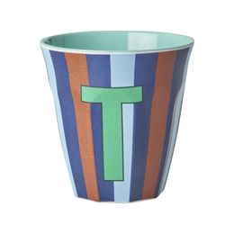 Rice Melamin Buchstabenbecher gestreift T, blau