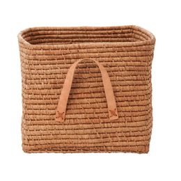Rice Raffia Aufbewahrungskorb mit Lederschlaufen 30x30x25 cm L30 x B30 x H25cm, braun skandinavische Deko Online Shop