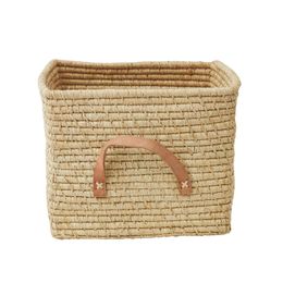 Rice Raffia Aufbewahrungskorb mit Lederschlaufen 30x30x25 cm L30 x B30 x H25cm, natur