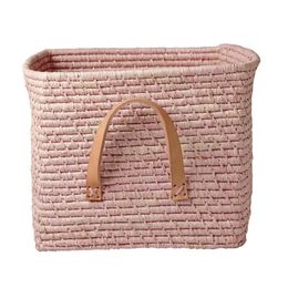 Rice Raffia Aufbewahrungskorb mit Lederschlaufen 30x30x25 cm L30 x B30 x H25cm, rosa skandinavische Deko Online Shop