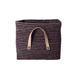 Rice Raffia Aufbewahrungskorb mit Lederschlaufen 30x30x25 cm L30 x B30 x H25cm, schokobraun
