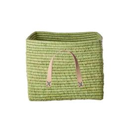Rice Raffia Aufbewahrungskorb mit Lederschlaufen 30x30x25 cm L30 x B30 x H25cm, apfelgr&uuml;n