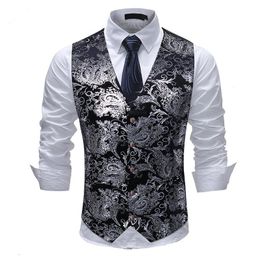 Allthemen Einreihige Slim Fit Weste mit Print Silber