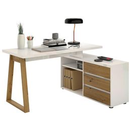 Stylife Eckschreibtisch, Wei&szlig;, Eiche Artisan, Holzwerkstoff, 3 Schublade(n) Schubladen, Kufe, 120x75x135 cm, Stauraum, seitenverkehrt montierbar, Arbeitszimmer, Schreibtische, Eckschreibtische