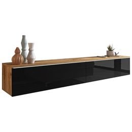 P & B Lowboard D180, Eiche Wotan, Schwarz Hochglanz, Kunststoff, kaltwei&szlig;, 180x30x33 cm, Fsc, Made in EU, stehend, h&auml;ngend, Beleuchtung, in verschiedenen Holzdekoren erh&auml;ltlich, Wohnzimmer, Wohnw&auml;nde, Lowboards, Lowboards stehend