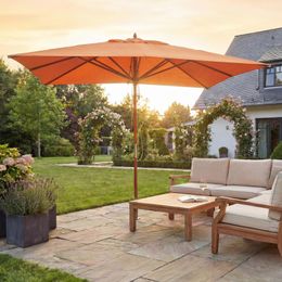 Gastronomie Holz-Sonnenschirm MCW-C57, Gartenschirm, Polyester/Holz 28kg, eckig 4x4m Seilzug sto&szlig;sicher ~ terracotta