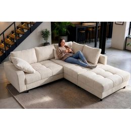 Riess Ambiente Ecksofa KENT 220cm champagner beige Chenille inkl. Hocker Federkern Wohnlandschaft Riess-Ambiente L-Form Wohnzimmer Modern Retro Skandinavisch