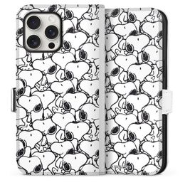DeinDesign iPhone 15 Pro Max Handy Klapph&uuml;lle Handyh&uuml;lle aus Kunst Leder wei&szlig; Flip Case Peanuts Snoopy Muster Sideflip mit Lasche