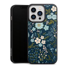 DeinDesign iPhone 13 Pro Handy Premium Silikon H&uuml;lle Handyh&uuml;lle schwarz Case Blue Muster Flowers Silikon Premium Case