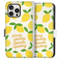 DeinDesign iPhone 15 Pro Max Handy Klapph&uuml;lle Handyh&uuml;lle aus Kunst Leder wei&szlig; Flip Case Spruch Statement Lemon Sideflip mit Lasche