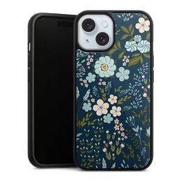 DeinDesign iPhone 15 Handy Gallery Case Handyh&uuml;lle 9H Geh&auml;rtetes Glas R&uuml;ckseite H&uuml;lle Blue Muster Flowers Gallery Case