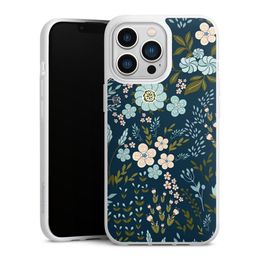 DeinDesign iPhone 13 Pro Handy Silikon H&uuml;lle Case wei&szlig; Handyh&uuml;lle Blue Muster Flowers Silikon Case