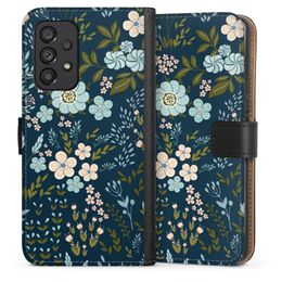DeinDesign Galaxy A53 5G Handy Klapph&uuml;lle Handyh&uuml;lle aus Kunst Leder schwarz Flip Case Blue Muster Flowers Sideflip mit langer Lasche