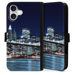 DeinDesign iPhone 16 Plus Handy Klapph&uuml;lle Handyh&uuml;lle aus Kunst Leder schwarz Flip Case Usa Brooklyn Bridge New York Sideflip mit Lasche