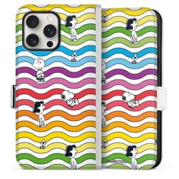 DeinDesign iPhone 15 Pro Max Handy Klapph&uuml;lle Handyh&uuml;lle aus Kunst Leder wei&szlig; Flip Case Snoopy Muster Peanuts Sideflip mit Lasche