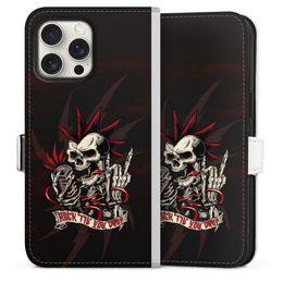 DeinDesign iPhone 15 Pro Max Handy Klapph&uuml;lle Handyh&uuml;lle aus Kunst Leder wei&szlig; Flip Case Rock Totenkopf Music Sideflip mit Lasche