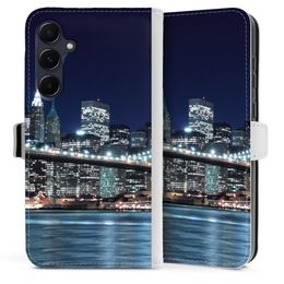 DeinDesign Galaxy A55 5G Handy Klapph&uuml;lle Handyh&uuml;lle aus Kunst Leder wei&szlig; Flip Case Usa Brooklyn Bridge New York Sideflip mit Lasche