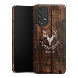 DeinDesign Galaxy A33 5G Handy Premium Case Smartphone Handyh&uuml;lle Schutzh&uuml;lle gl&auml;nzend Wood Wooden Look Deer Premium Case